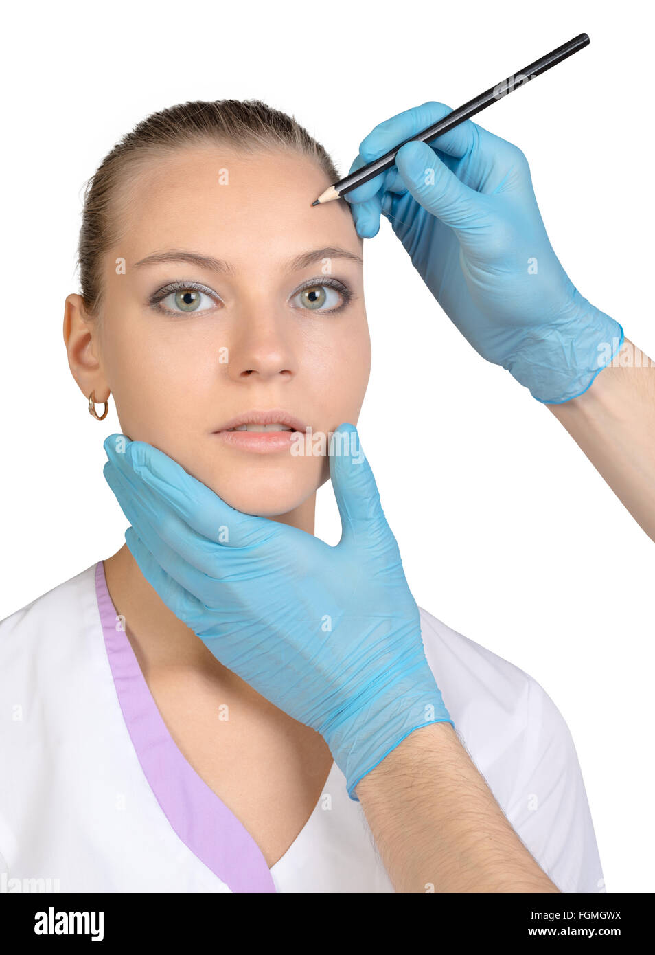 Beauty Woman face surgery making marks on close up portrait. Female ...