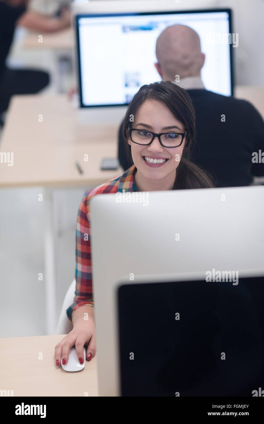 startup business, woman working on dektop computer at creative modern ...