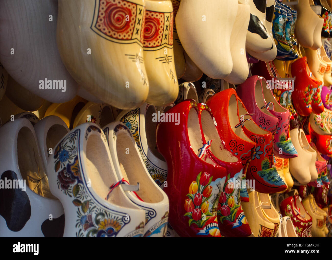 Clogs, the traditional Dutch footwear, decorated as tourist souvenirs ...