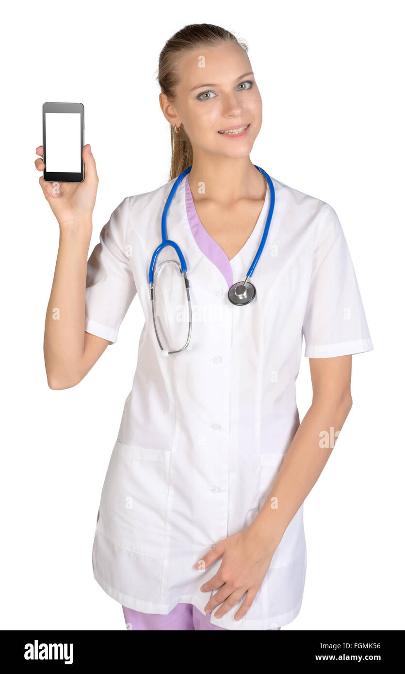 Woman intern shows the phone with white screen Stock Photo - Alamy