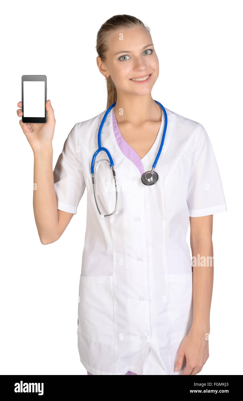 Woman intern shows the phone with white screen Stock Photo - Alamy