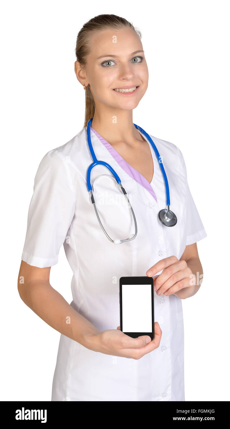 Woman intern shows the phone with white screen Stock Photo - Alamy