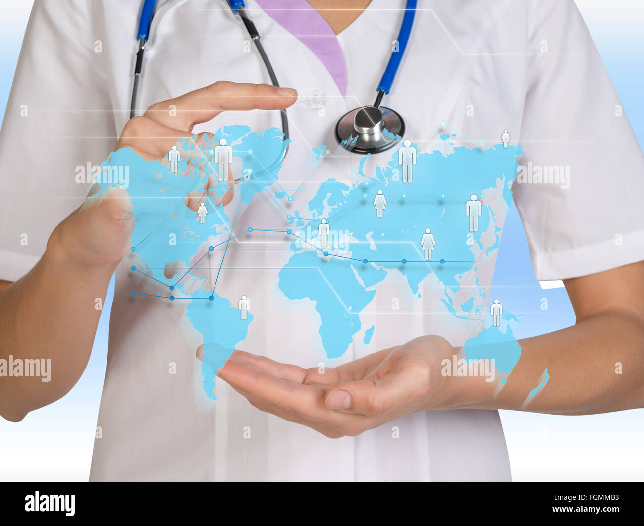 World map. The doctor presses a computer interface Stock Photo - Alamy