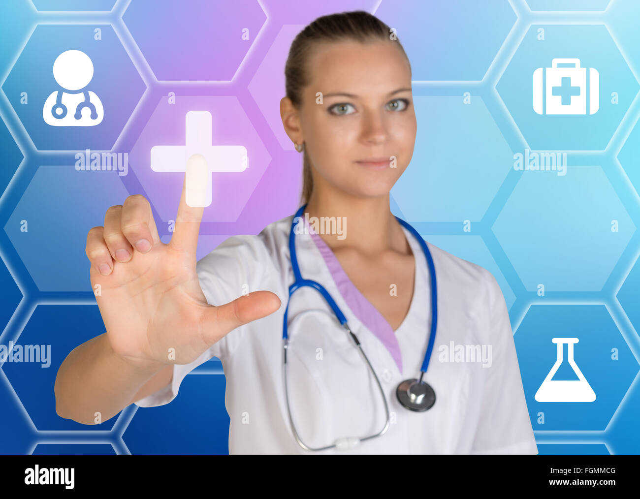 Doctor presses on a digital screen with icon plus Stock Photo - Alamy