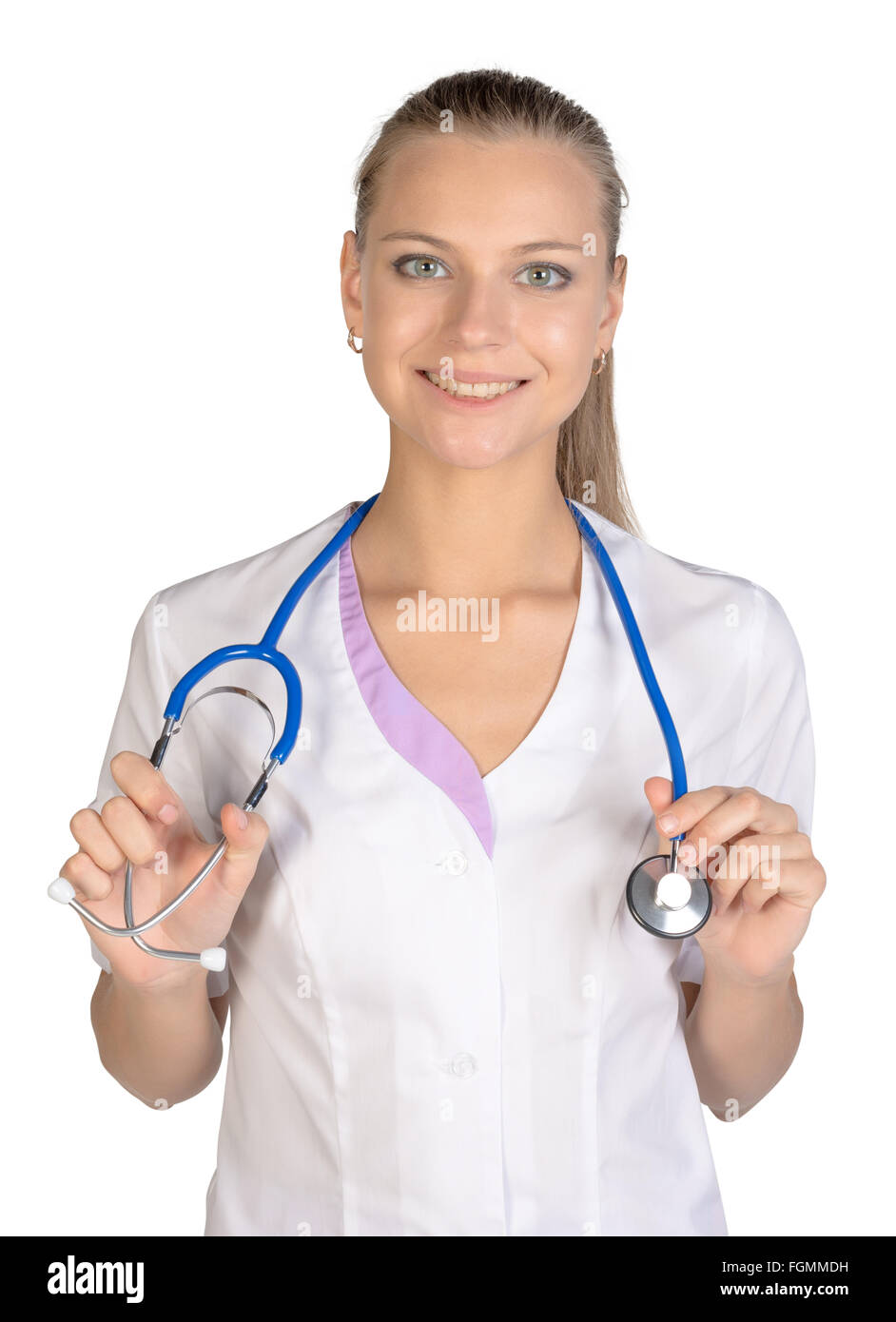 Beautiful smiling doctor woman holding stethoscope over isolated white ...