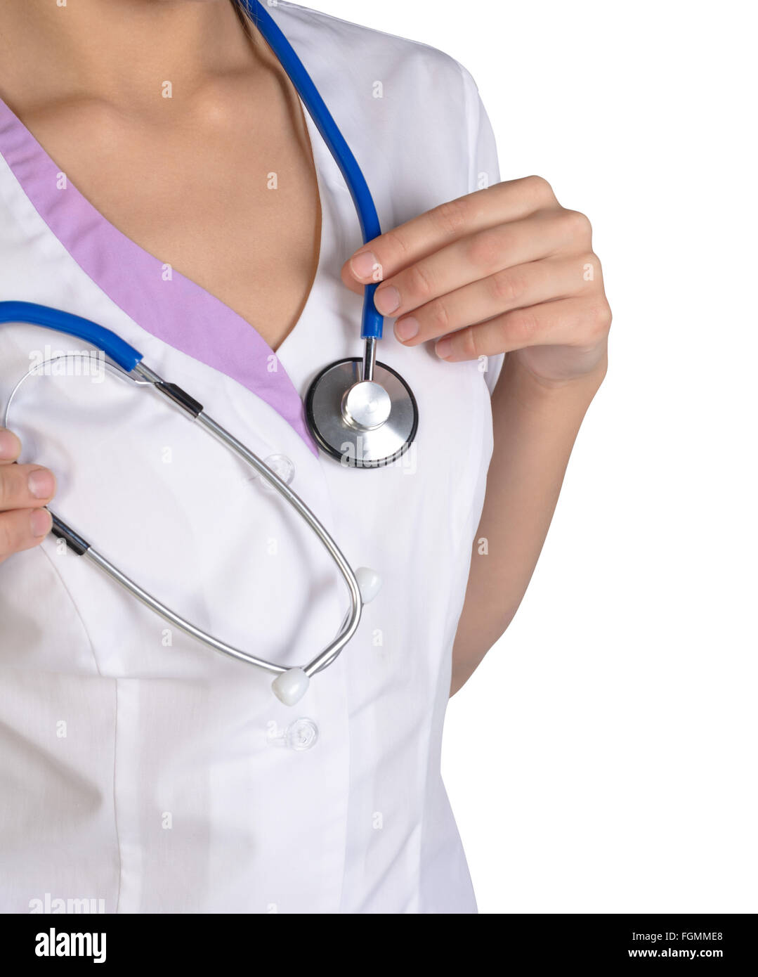 Female doctor with a stethoscope listening, isolated on white ...