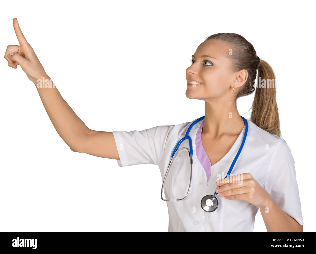 Healthcare. Smiling female doctor pointing to something or pressing ...