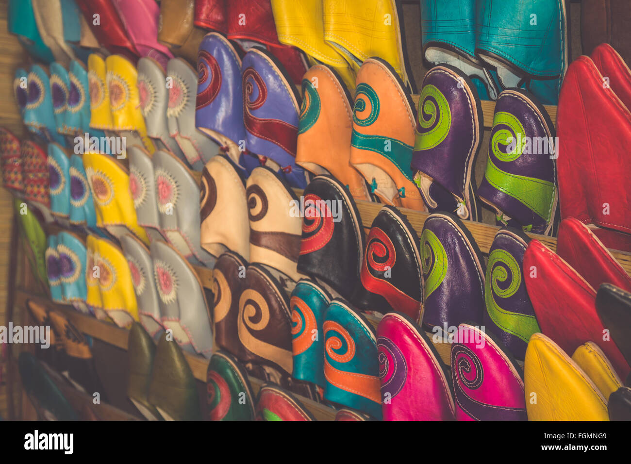 Shoes on a shoe stall on the market in Essaouira, Morocco Stock Photo ...