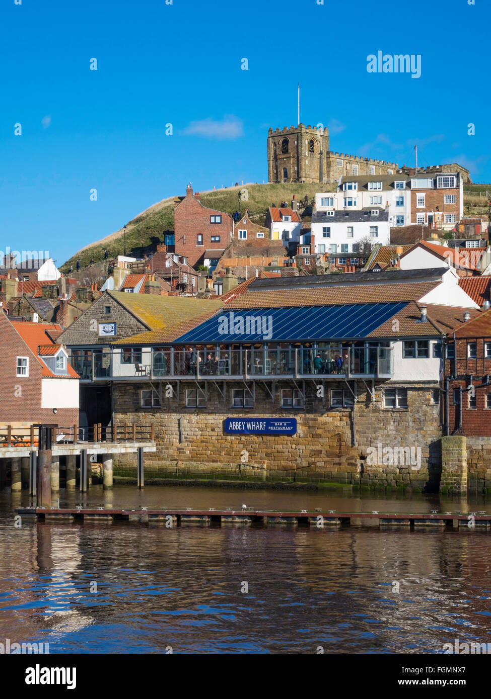 Abbey Wharf fish restaurant from across the river Esk Whitby Harbour ...