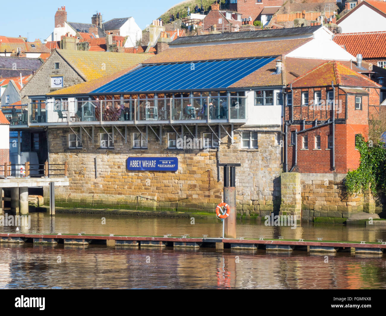 Abbey Wharf fish restaurant from across the river Esk Whitby Harbour ...