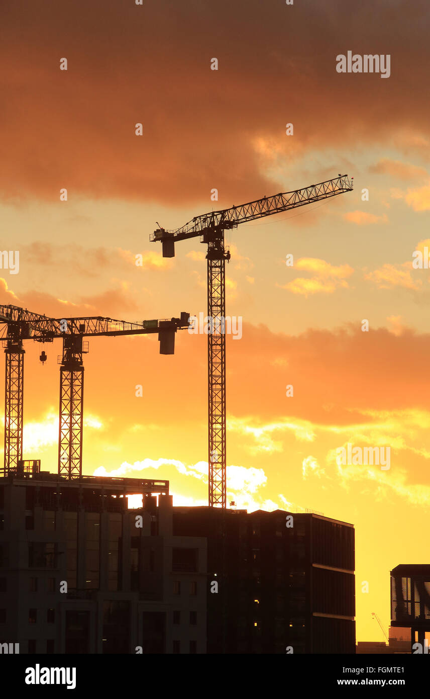 Sunset over construction in KIngs Cross, north London, England, UK ...