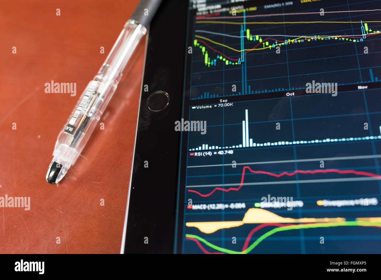 Tablet with stock graph on a wood table Stock Photo - Alamy