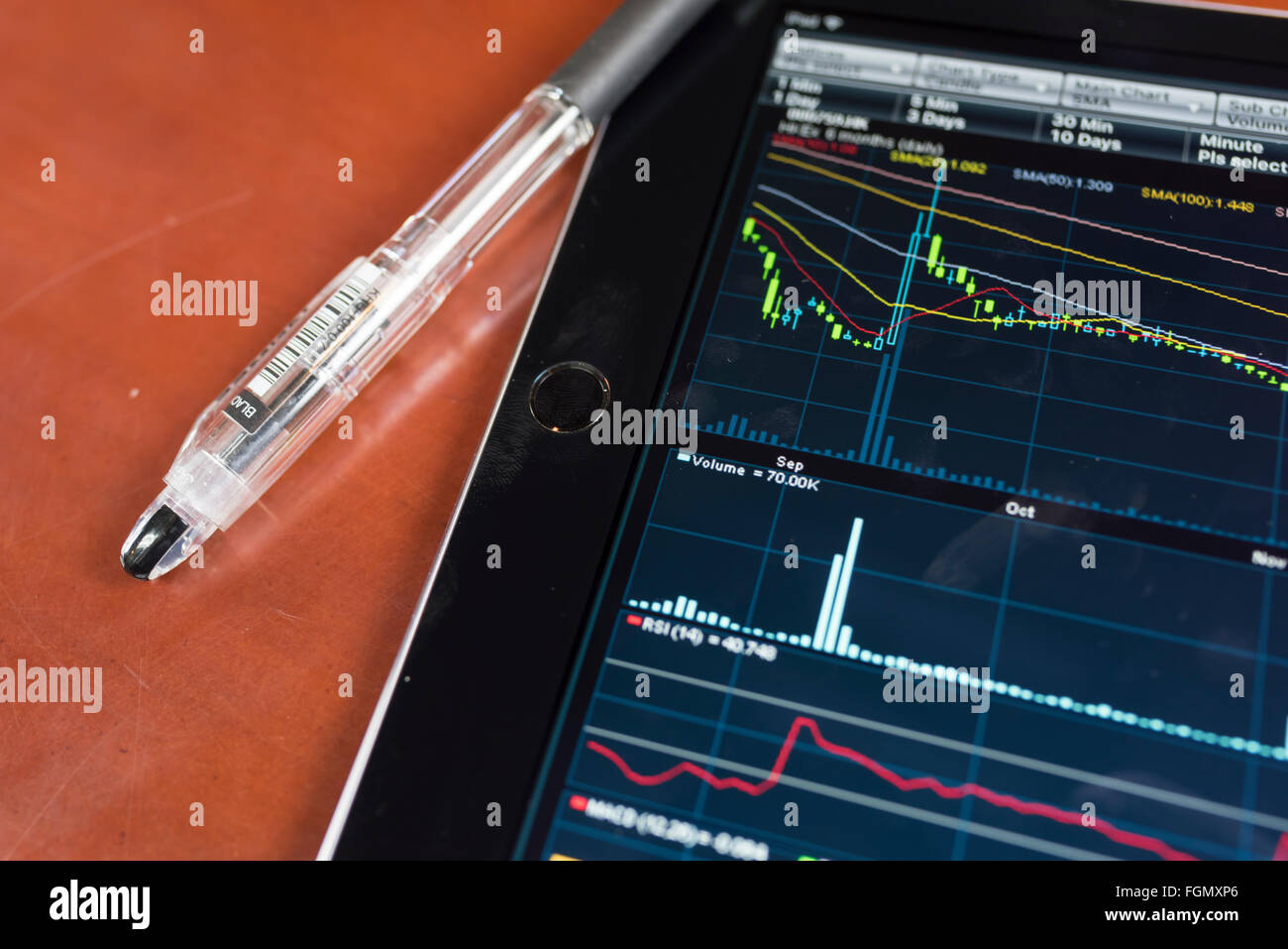 Tablet with stock graph on a wood table Stock Photo - Alamy