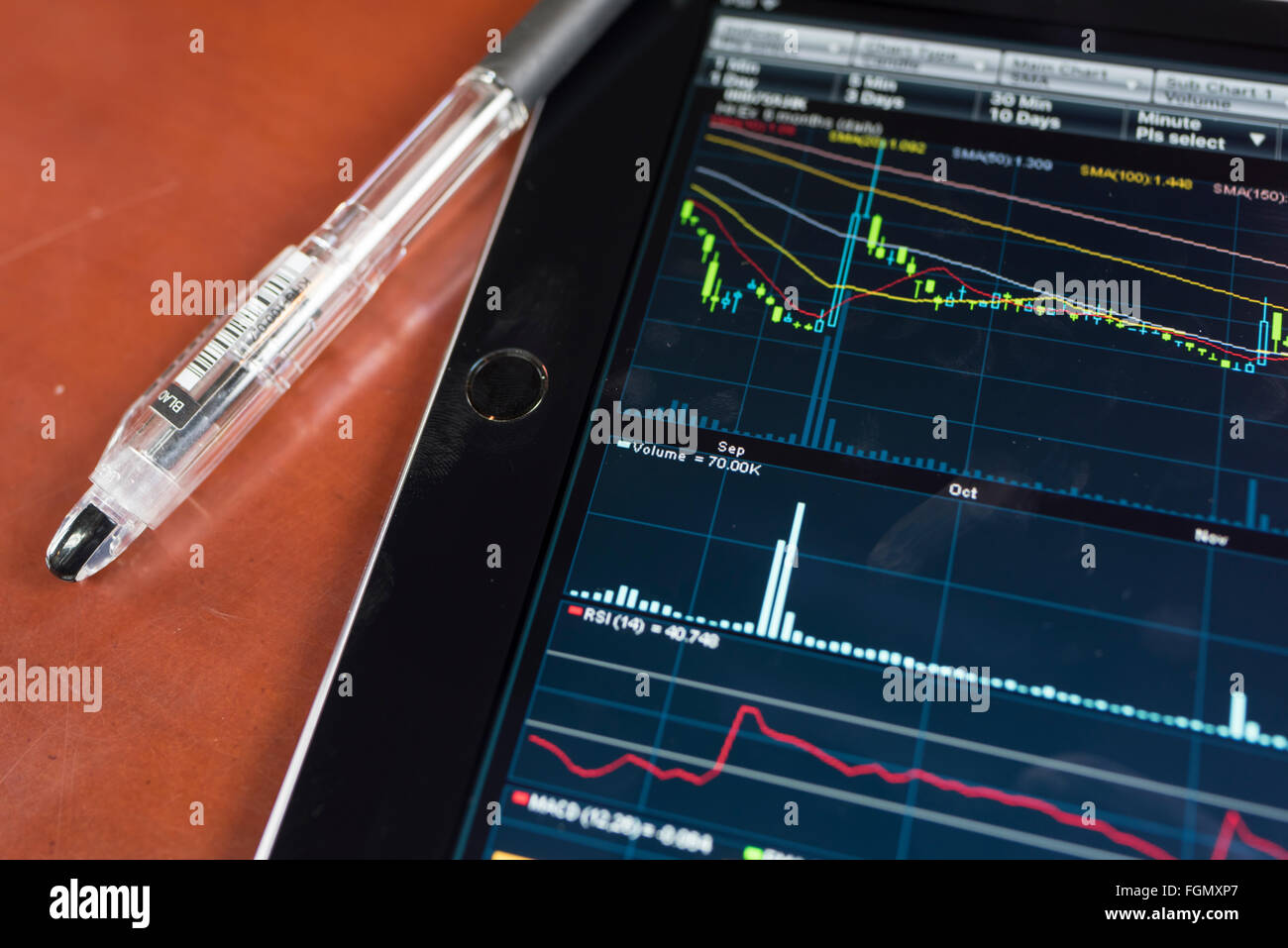 Tablet with stock graph on a wood table Stock Photo - Alamy