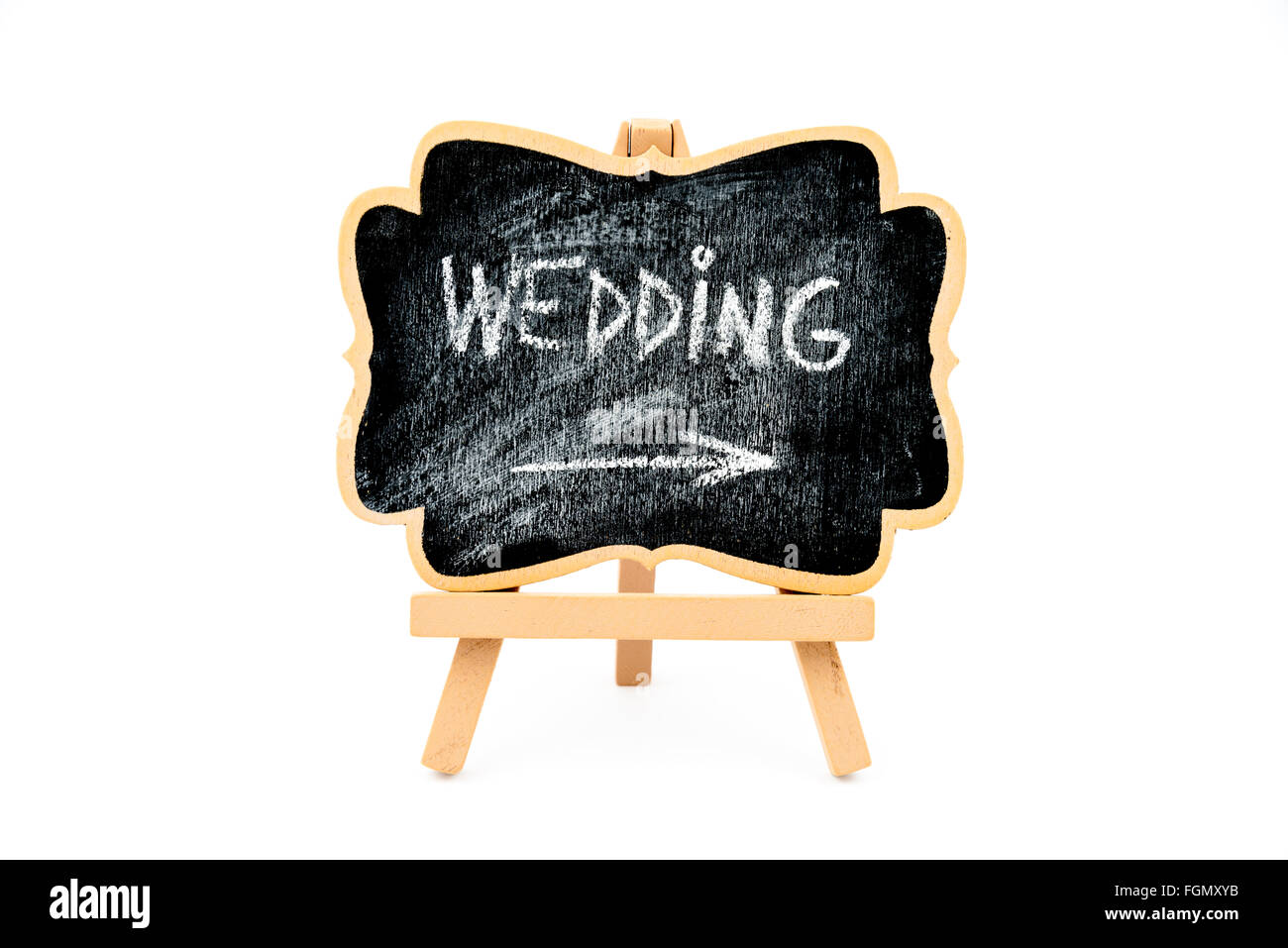 Wooden easel mini blackboard with faded chalk surface and text WEDDING ...