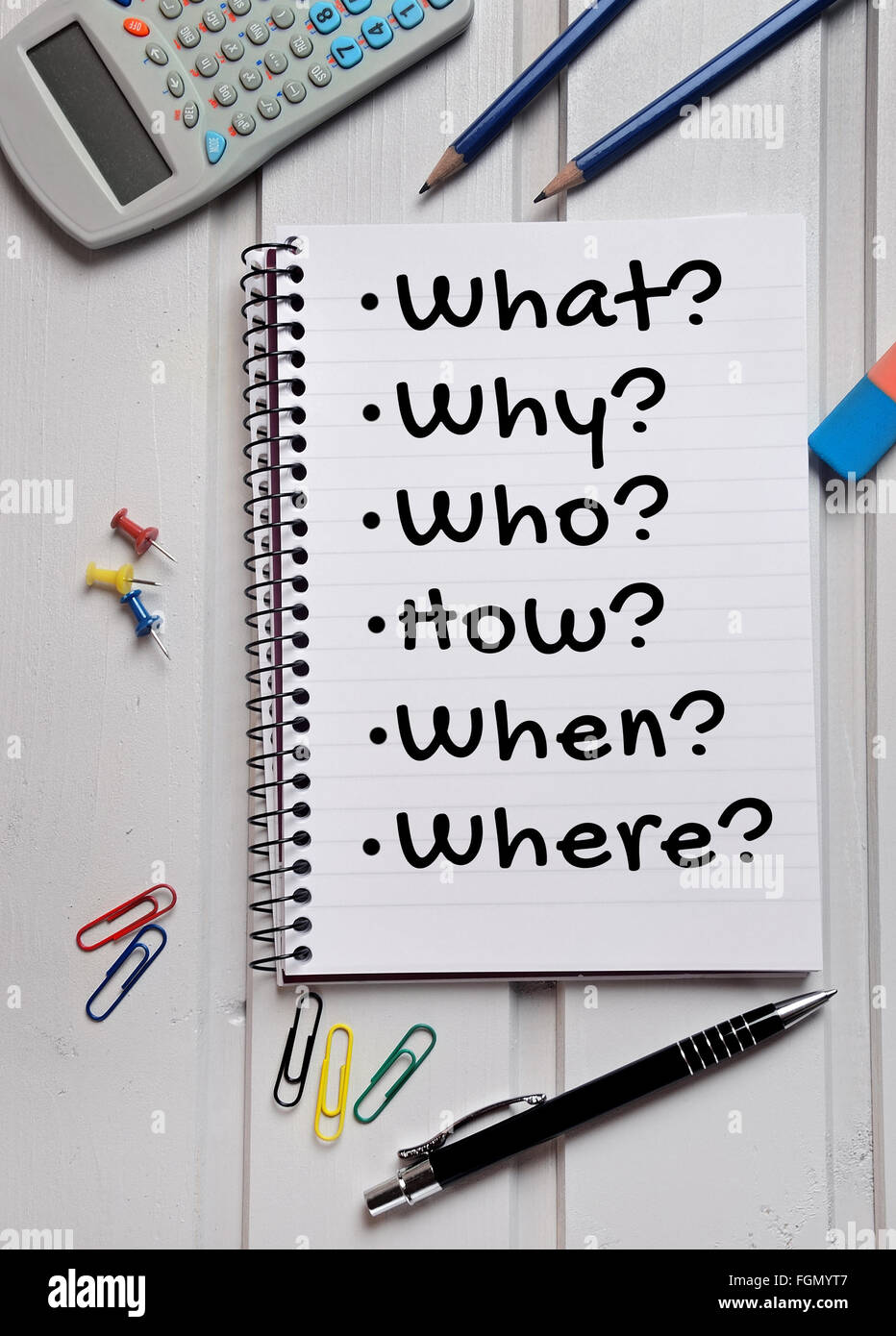 What Why Who How word on notebook page Stock Photo - Alamy