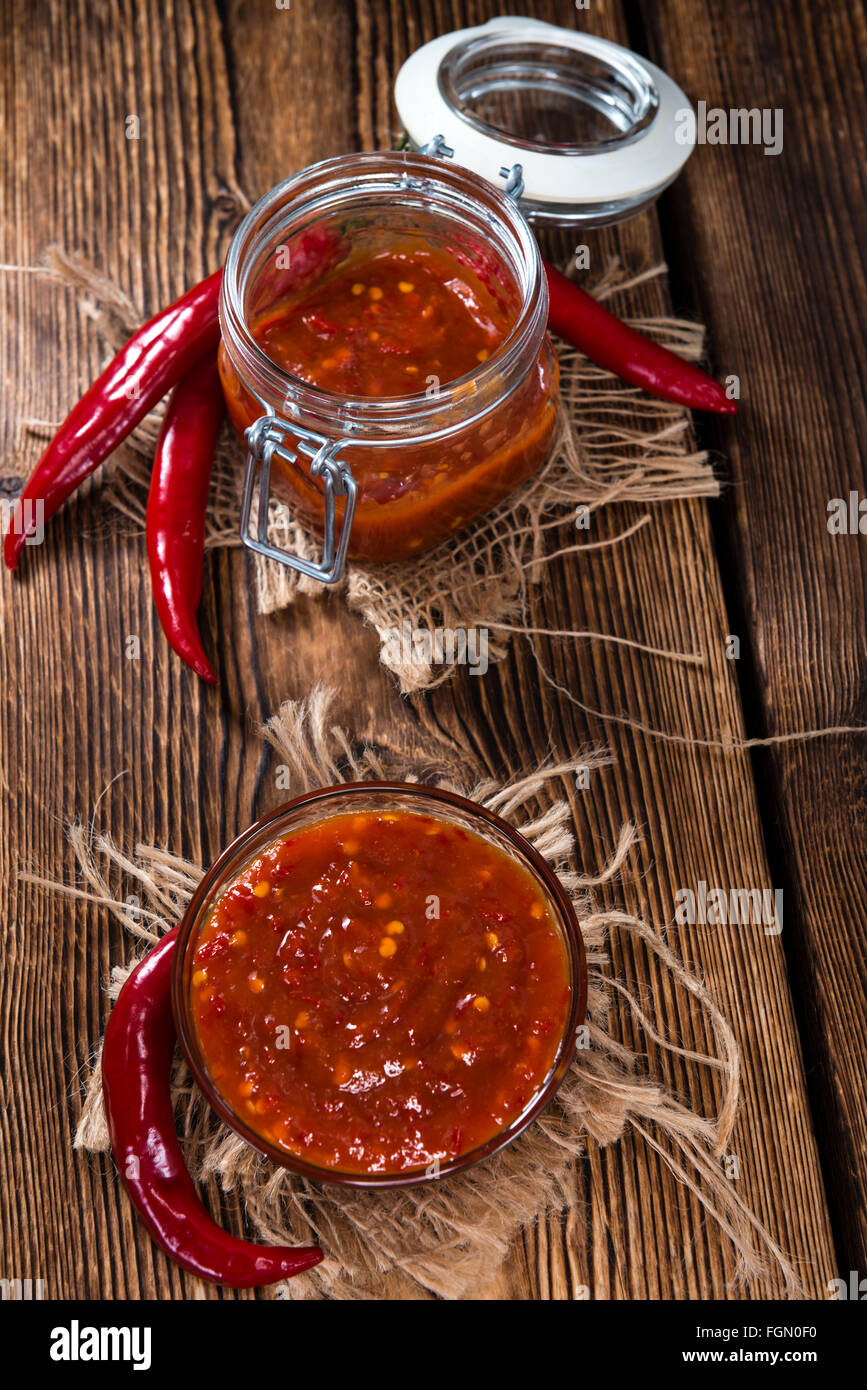 Sambal Oelek (fresh made) on wooden background Stock Photo - Alamy