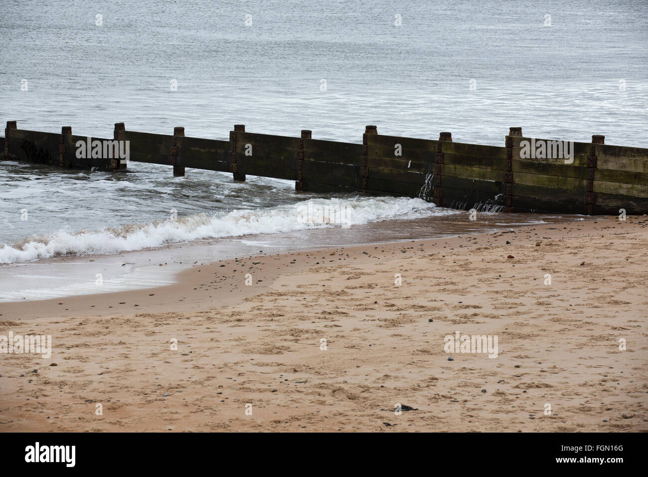 Wooden groyne on the beach at Blyth in Northumberland, England Stock ...