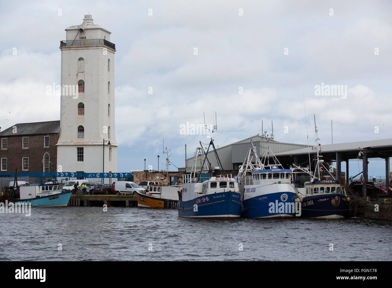 Fishing boats at the North Shields Fish Quay in north-east England. The ...