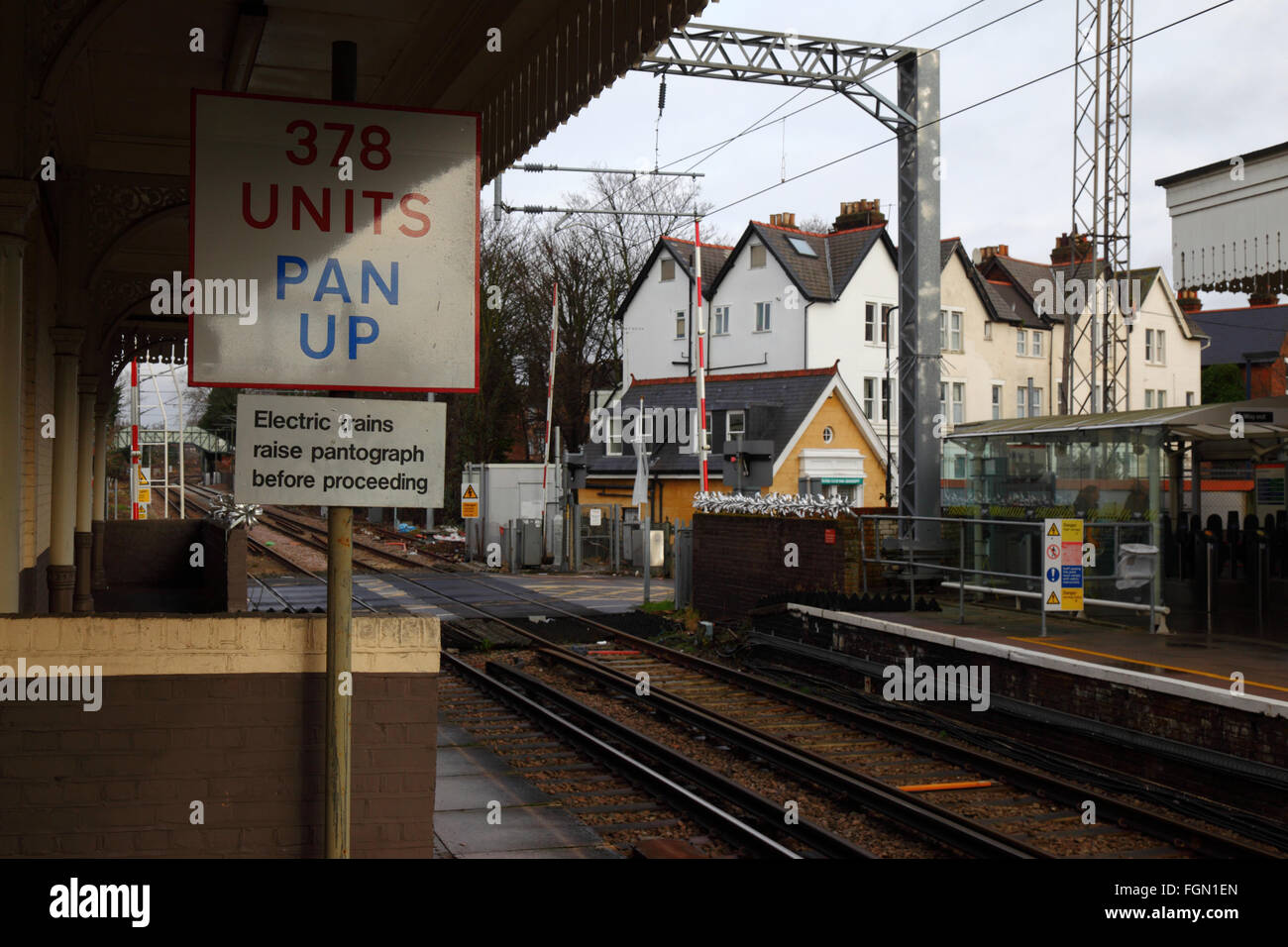 Sign telling electric trains to raise pantograph before proceeding ...