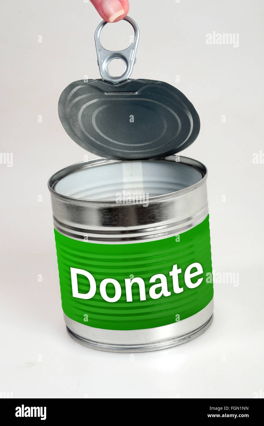 Donate word on food can Stock Photo - Alamy