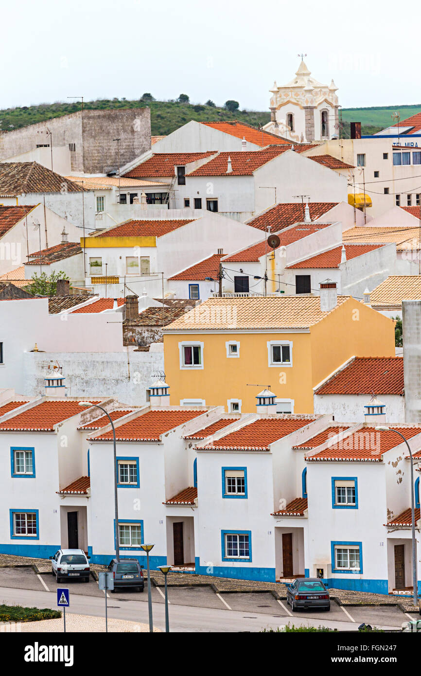 Brightly painted houses at Vila do Bispo, Algarve, Portugal Stock Photo ...