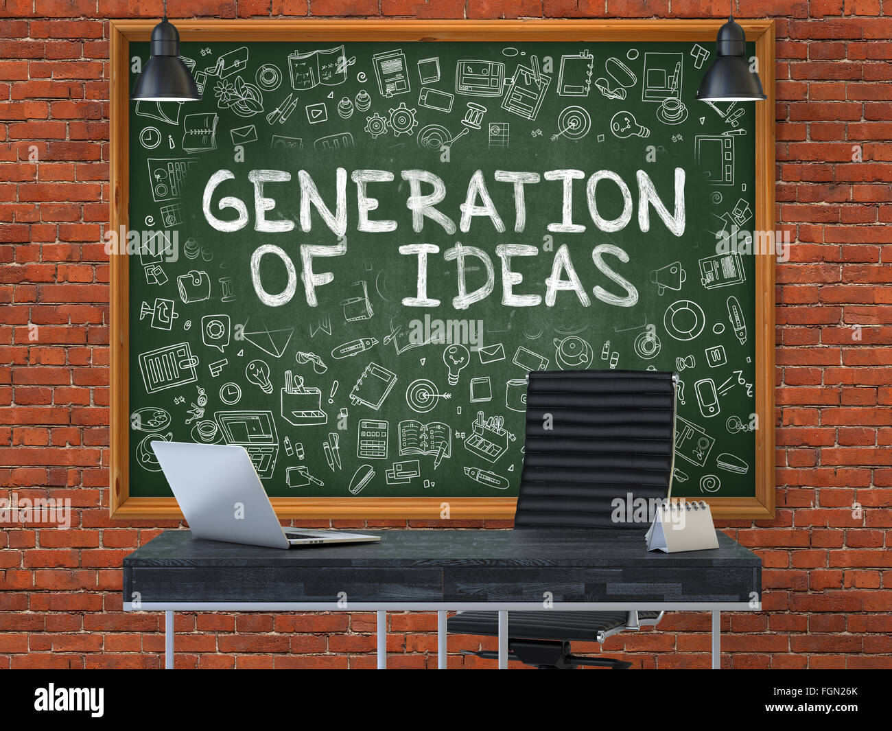 Generation of Ideas on Chalkboard with Doodle Icons Stock Photo - Alamy