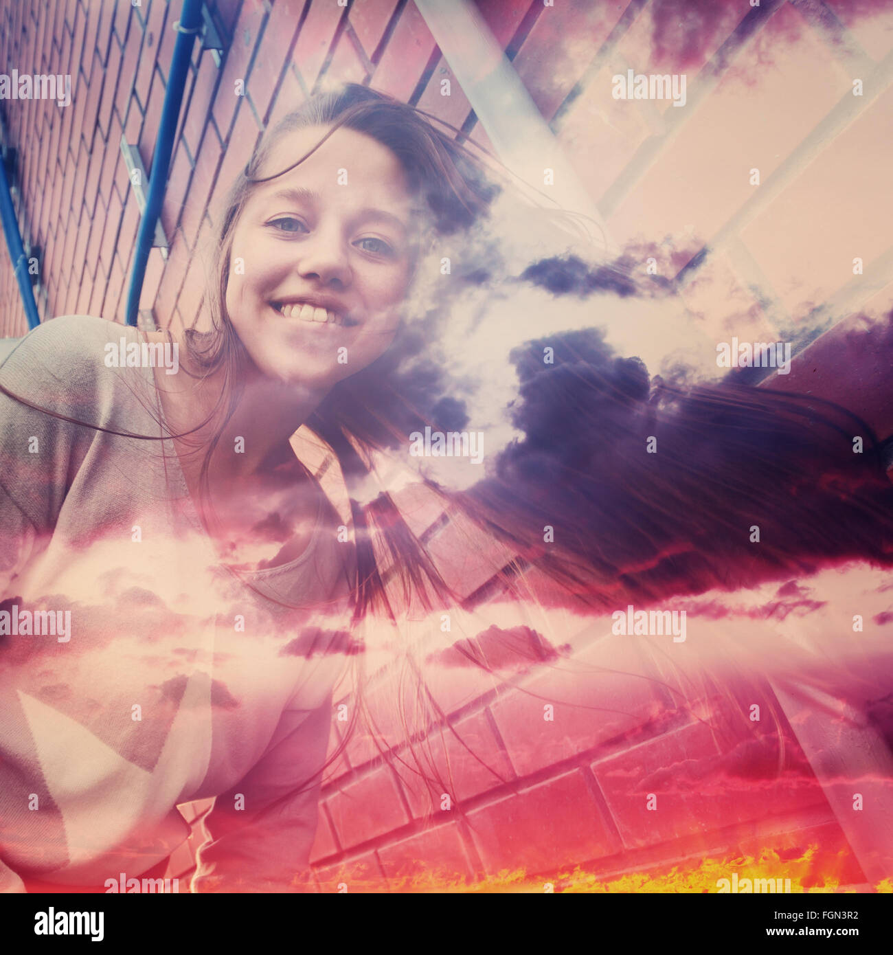 Close Up Portrait of Young Merry Woman with Double Exposure Effect ...
