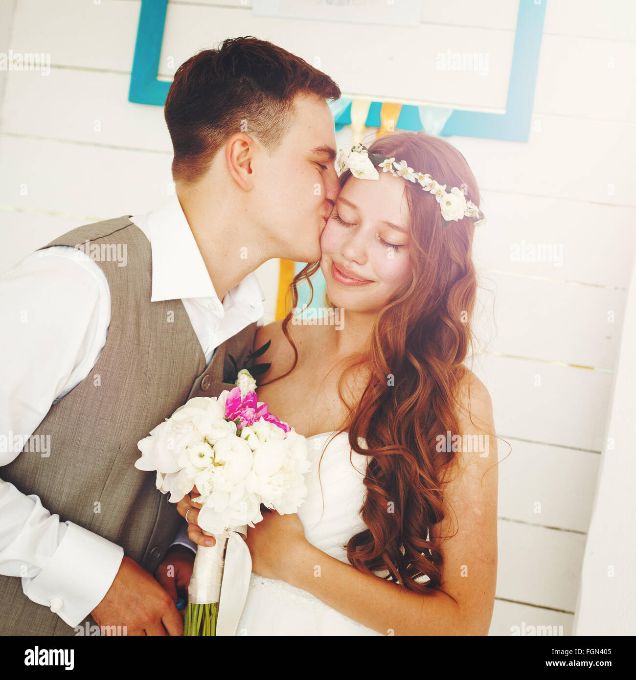 Emotional Moment of Wedding Day. Beautiful Newlywed Couple. Groom ...