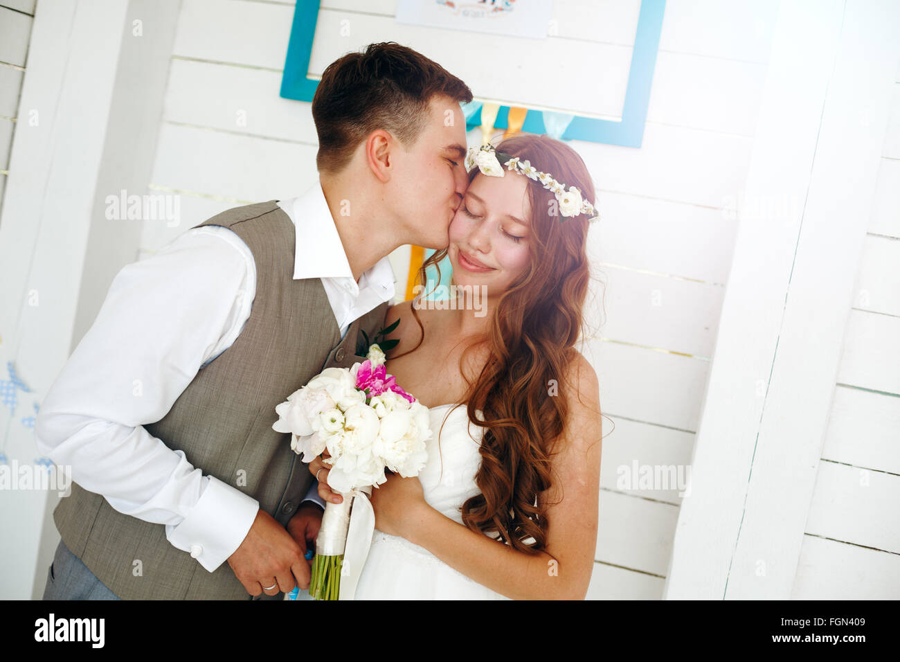 Emotional Moment of Wedding Day. Beautiful Newlywed Couple. Groom ...
