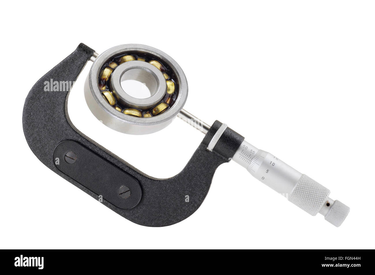 Micrometer measuring ball bearing on technical drawing, white ...