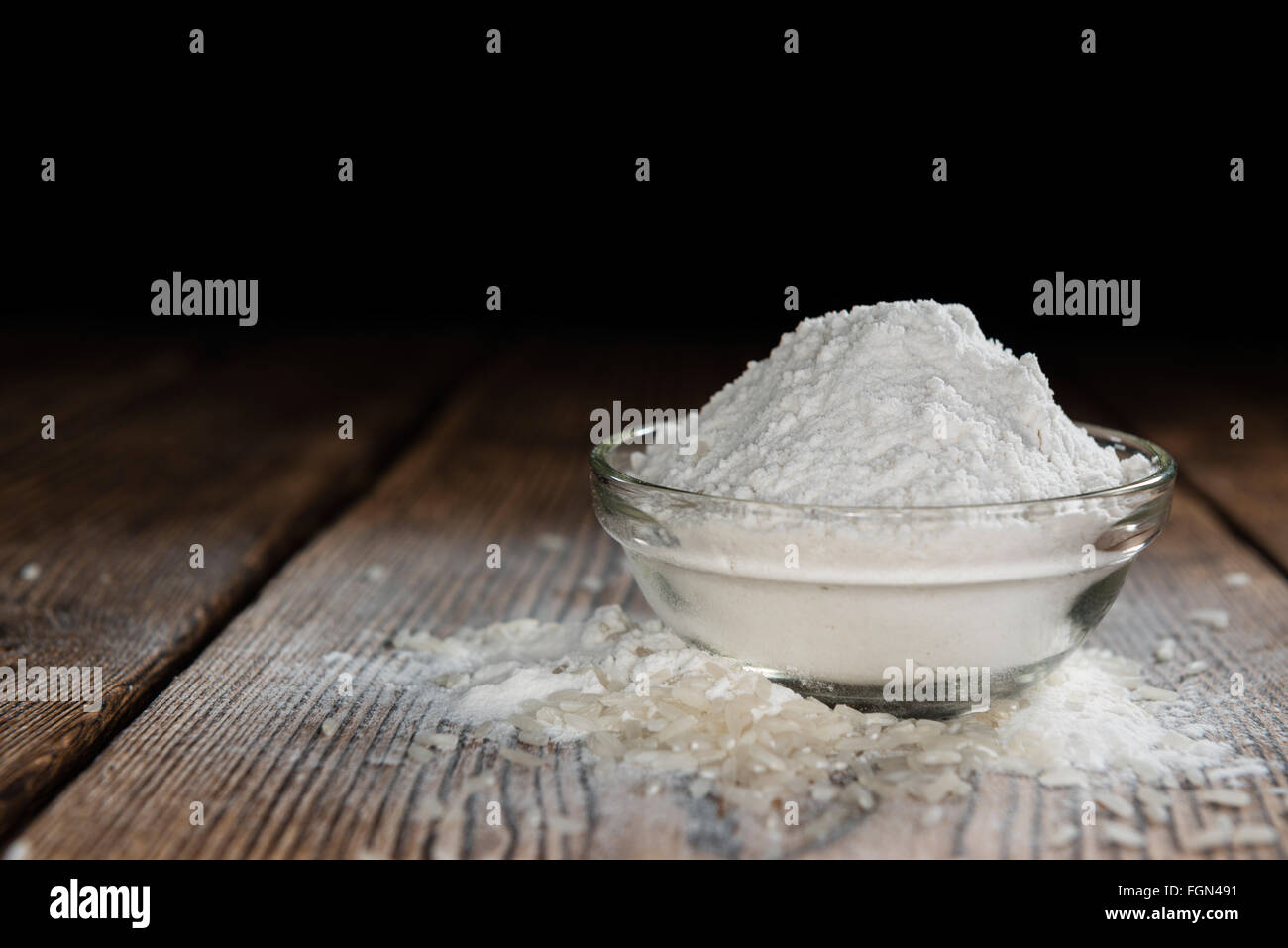Rice Flour (close-up shot) on vintage wooden background Stock Photo - Alamy