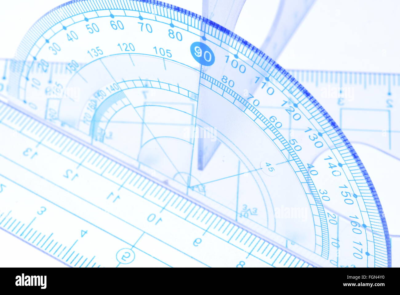 Transparent protractor, ruler and square measuring tools Stock Photo ...