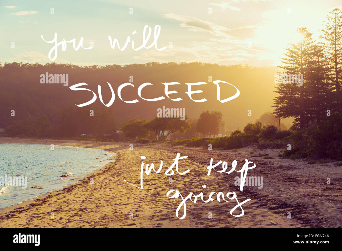 Handwritten text over sunset calm sunny beach background, YOU WILL ...