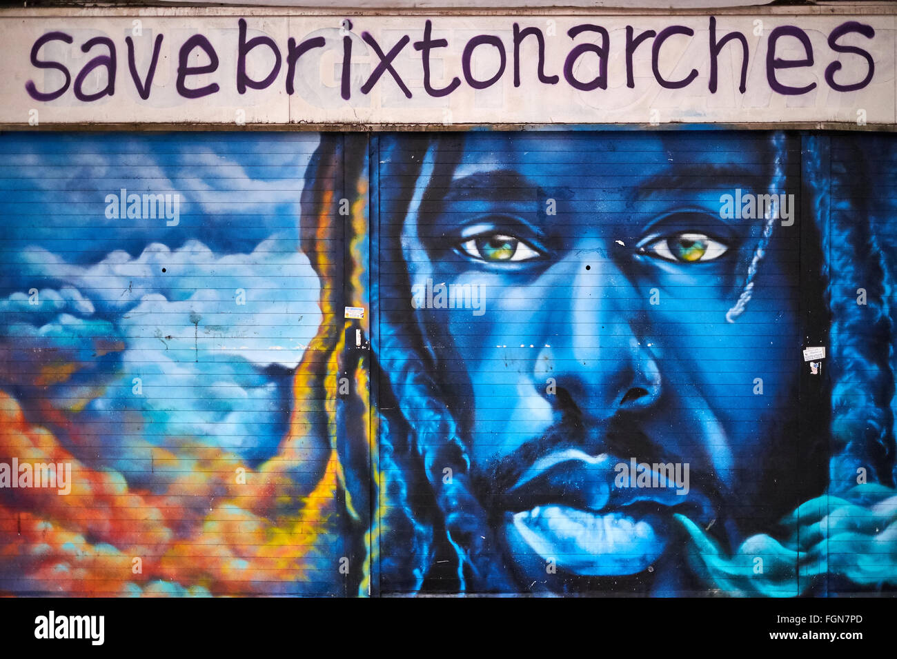 'Save Brixton Arches' graffiti on shop front shutters in Brixton, U.K ...