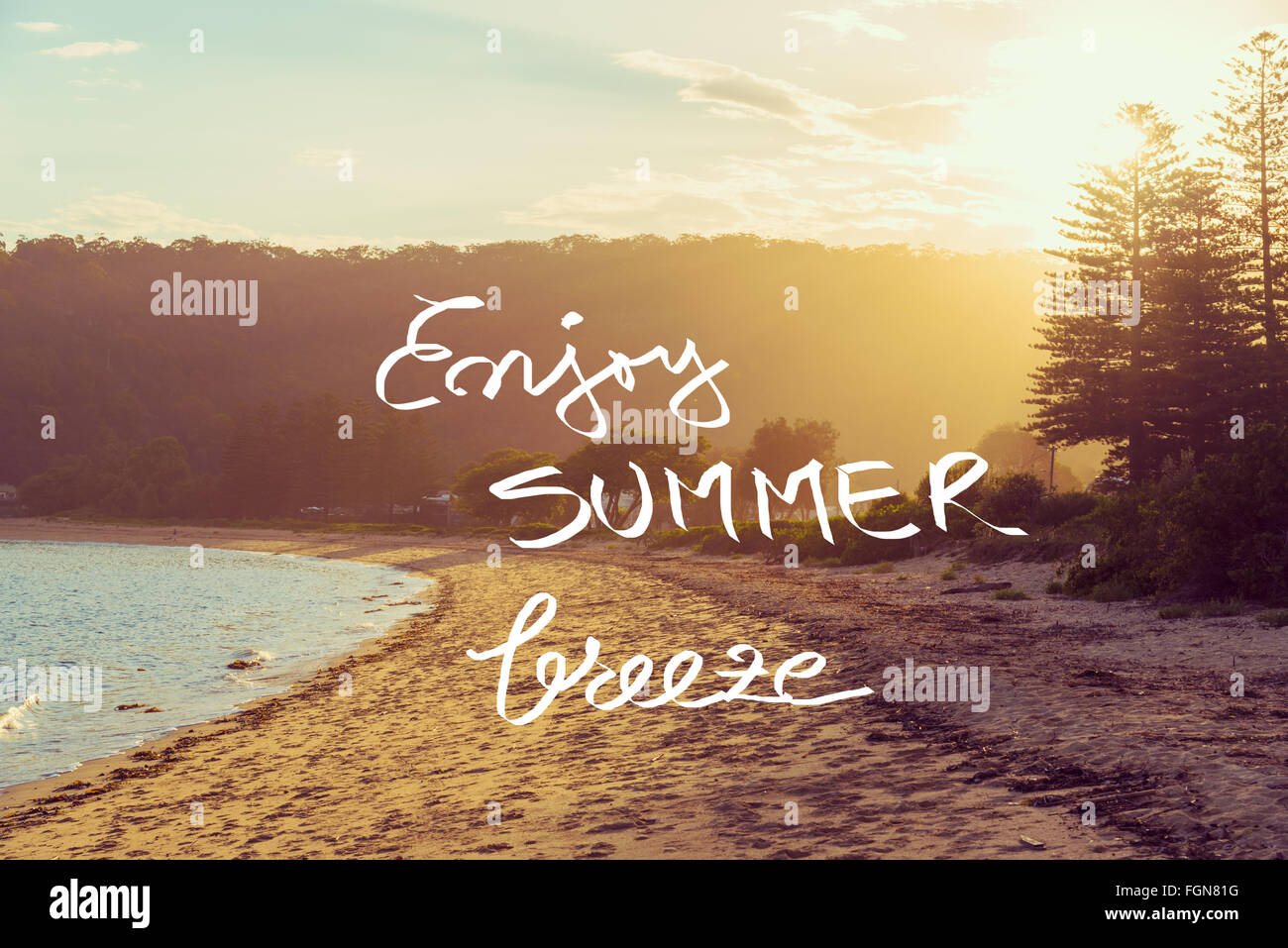 Handwritten text over sunset calm sunny beach background, ENJOY SUMMER ...