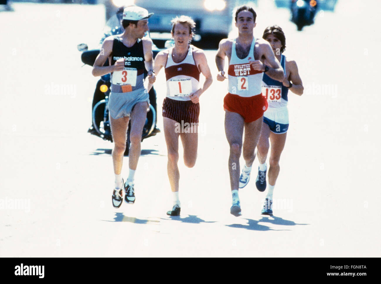 Bill Rodgers #1, Alberto Salazar #2 competing n the 1982 Boston ...