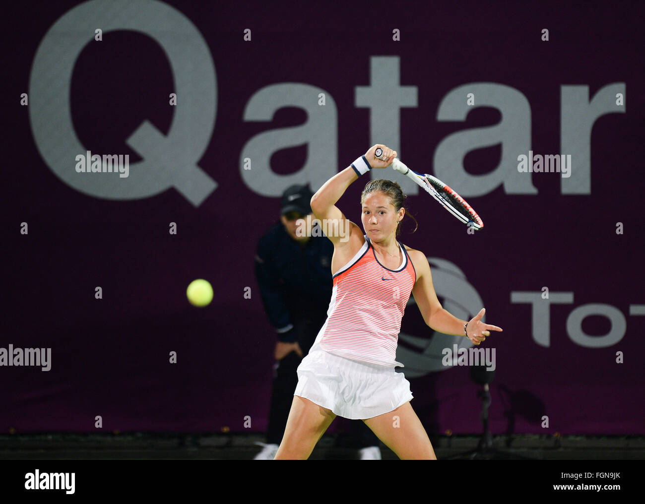 Doha, Qatar. 21st Feb, 2016. Daria Kasatkina of Russia hits a return to ...