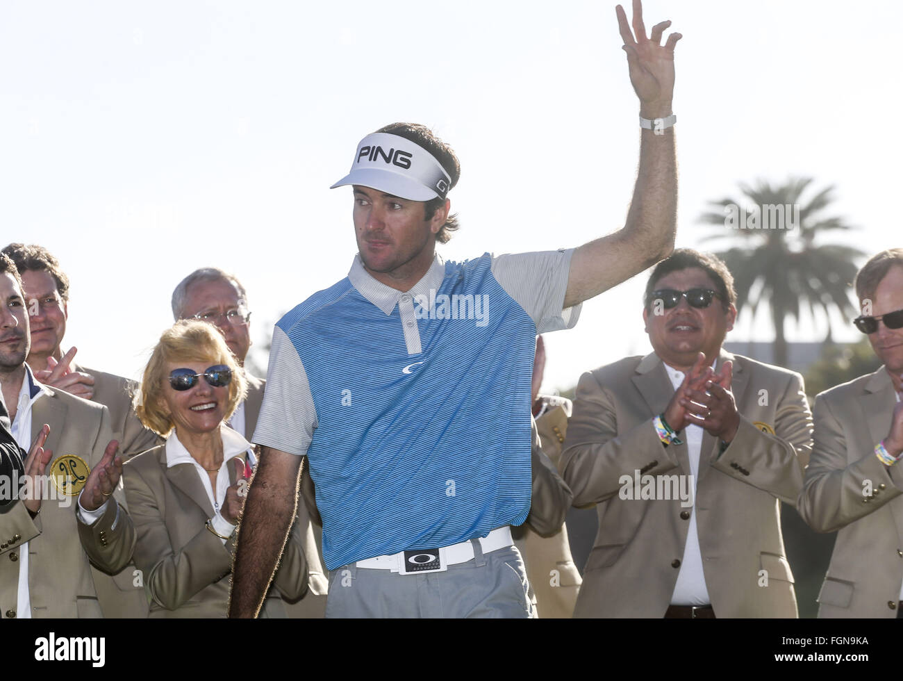 Los Angeles, California, USA. 21st Feb, 2016. Bubba Watson waves after ...
