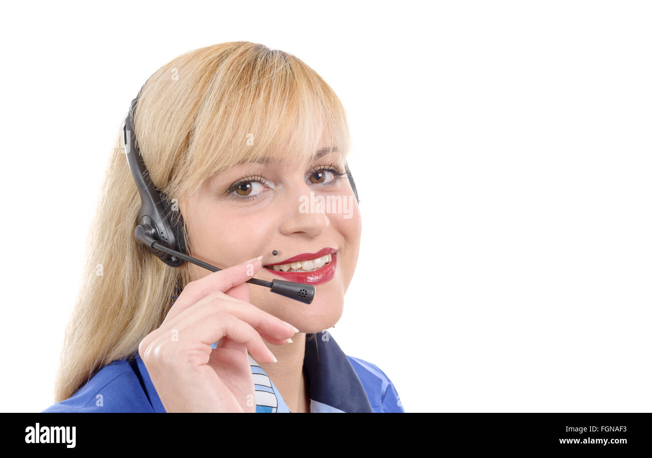 a portrait of happy smiling cheerful support phone operator in headset, isolated on white ...