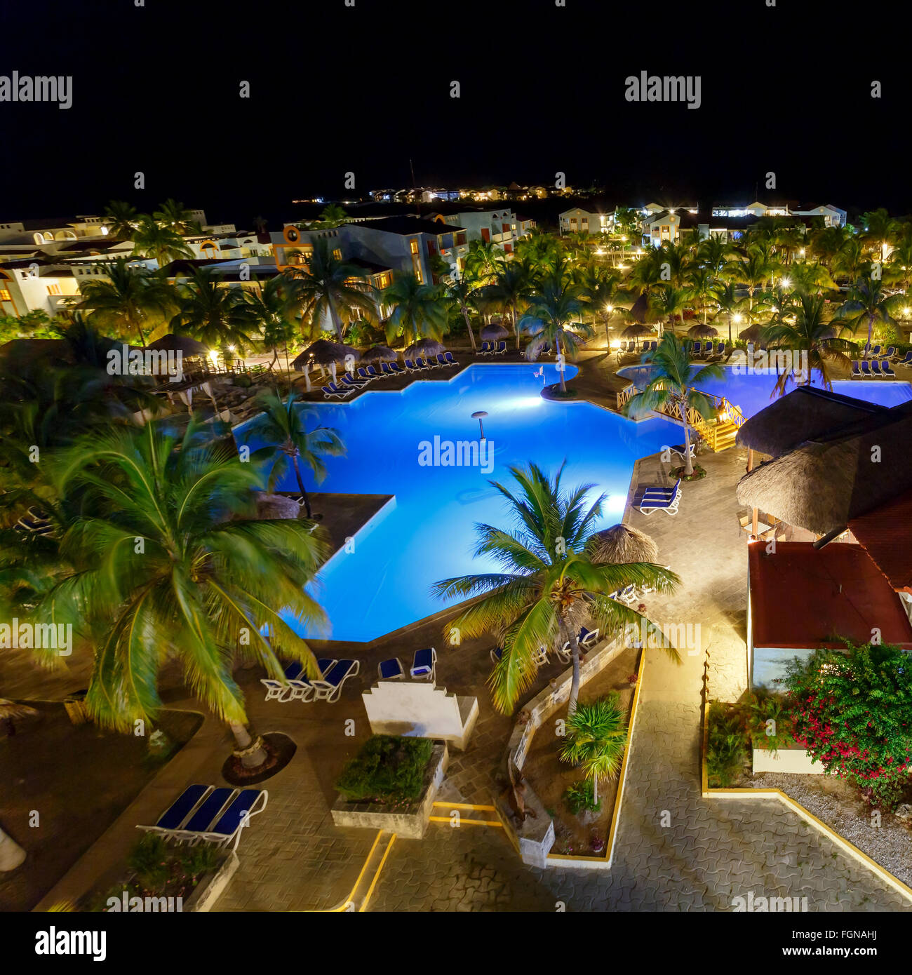 View on hotel and swimming pool at night, Cayo Largo, Cuba Stock Photo ...