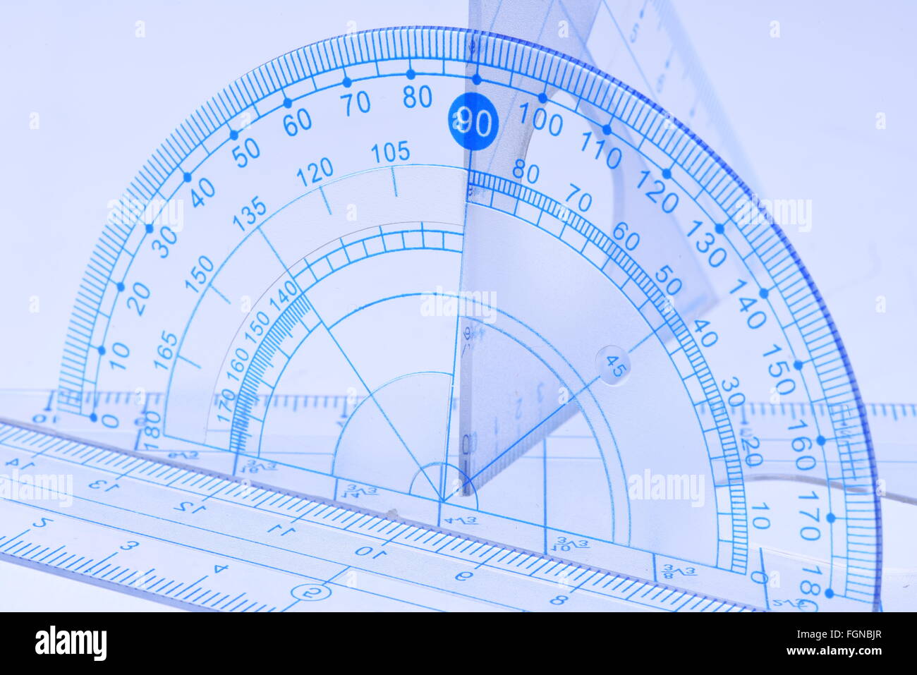 Transparent protractor, ruler and square measuring tools Stock Photo ...