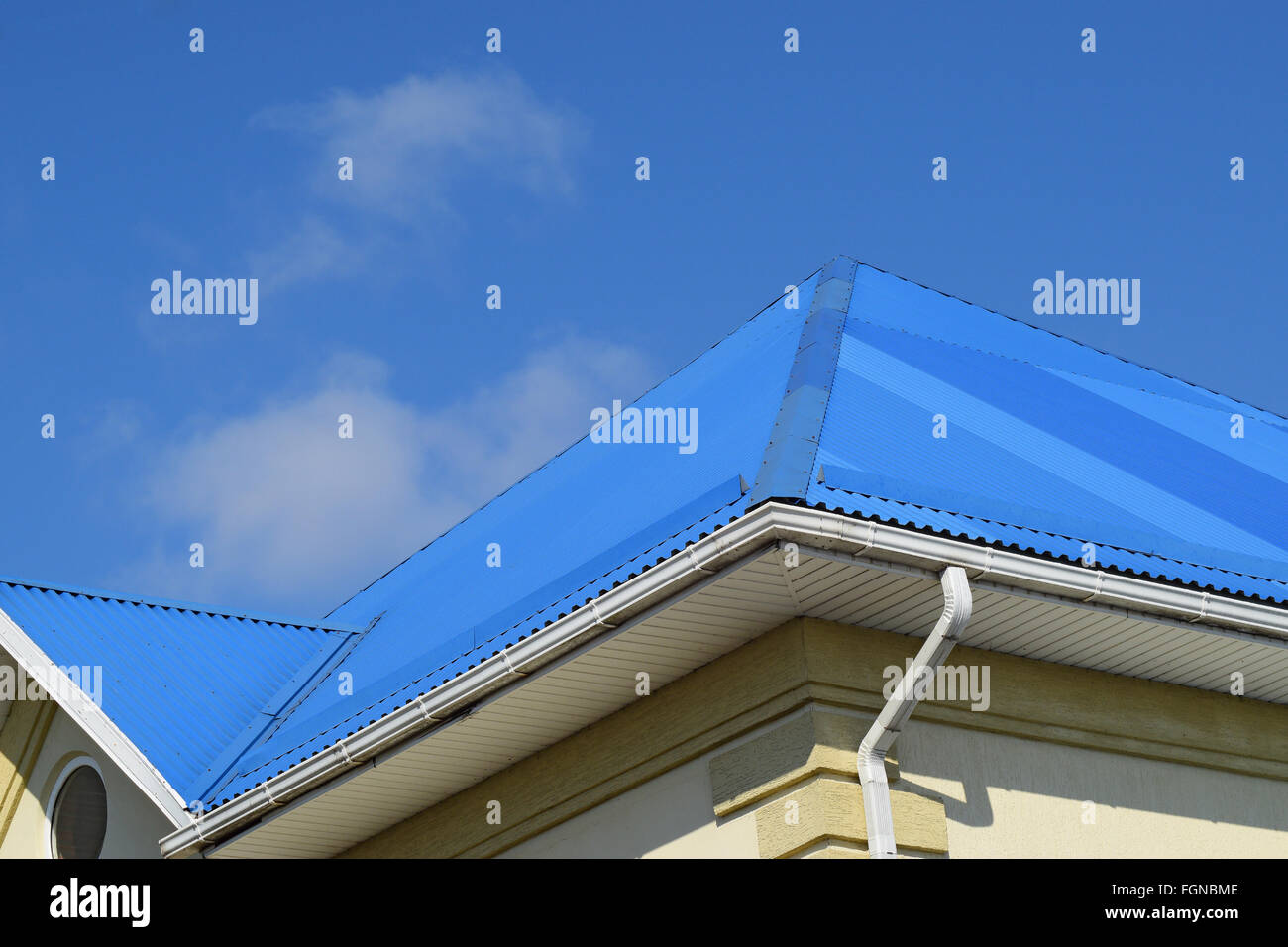 Blue roof metal sheets. Modern types of roofing materials Stock Photo ...