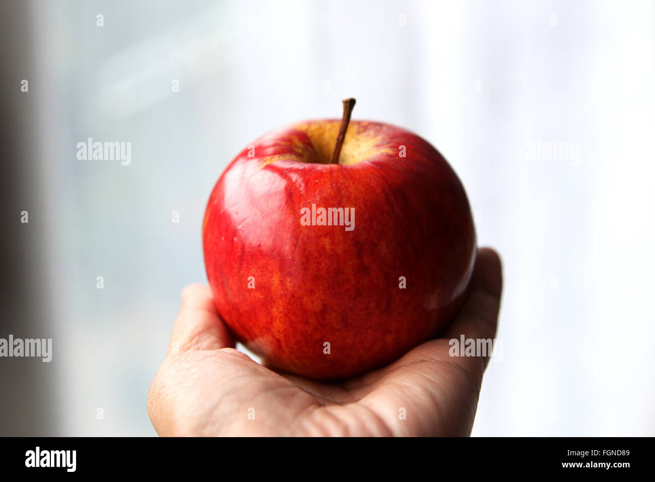Left hand holding red apple Stock Photo - Alamy