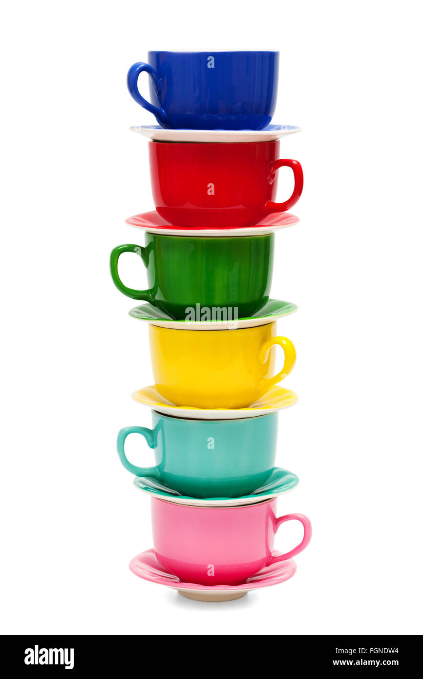Beautiful color cups on a white background Stock Photo - Alamy