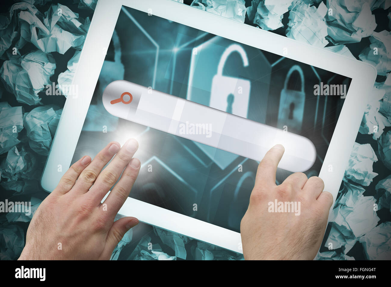 Hands touching search bar on tablet screen Stock Photo - Alamy