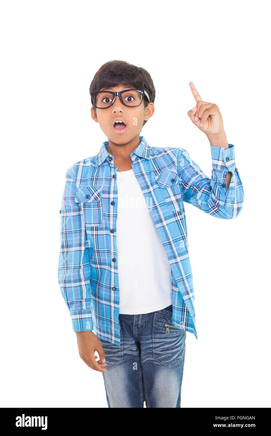 Cute boy pointing up with finger Stock Photo - Alamy