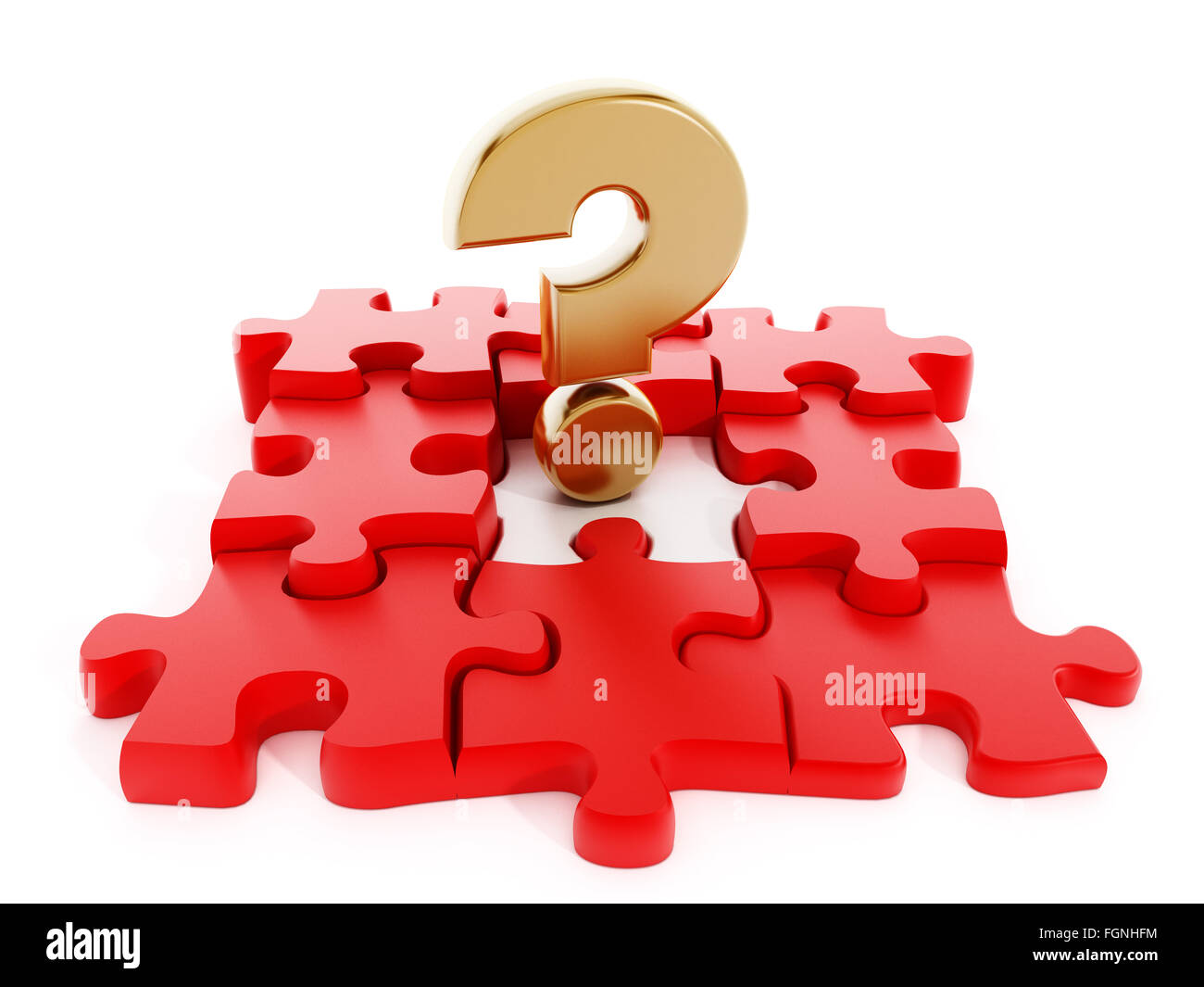 Gold question mark between red puzzle parts isolated on white ...
