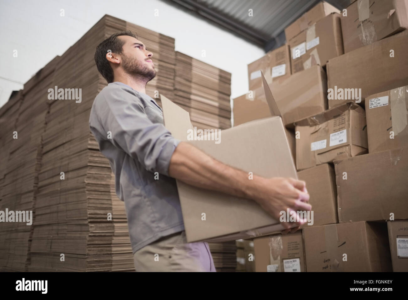 Worker carrying box in warehouse Stock Photo - Alamy