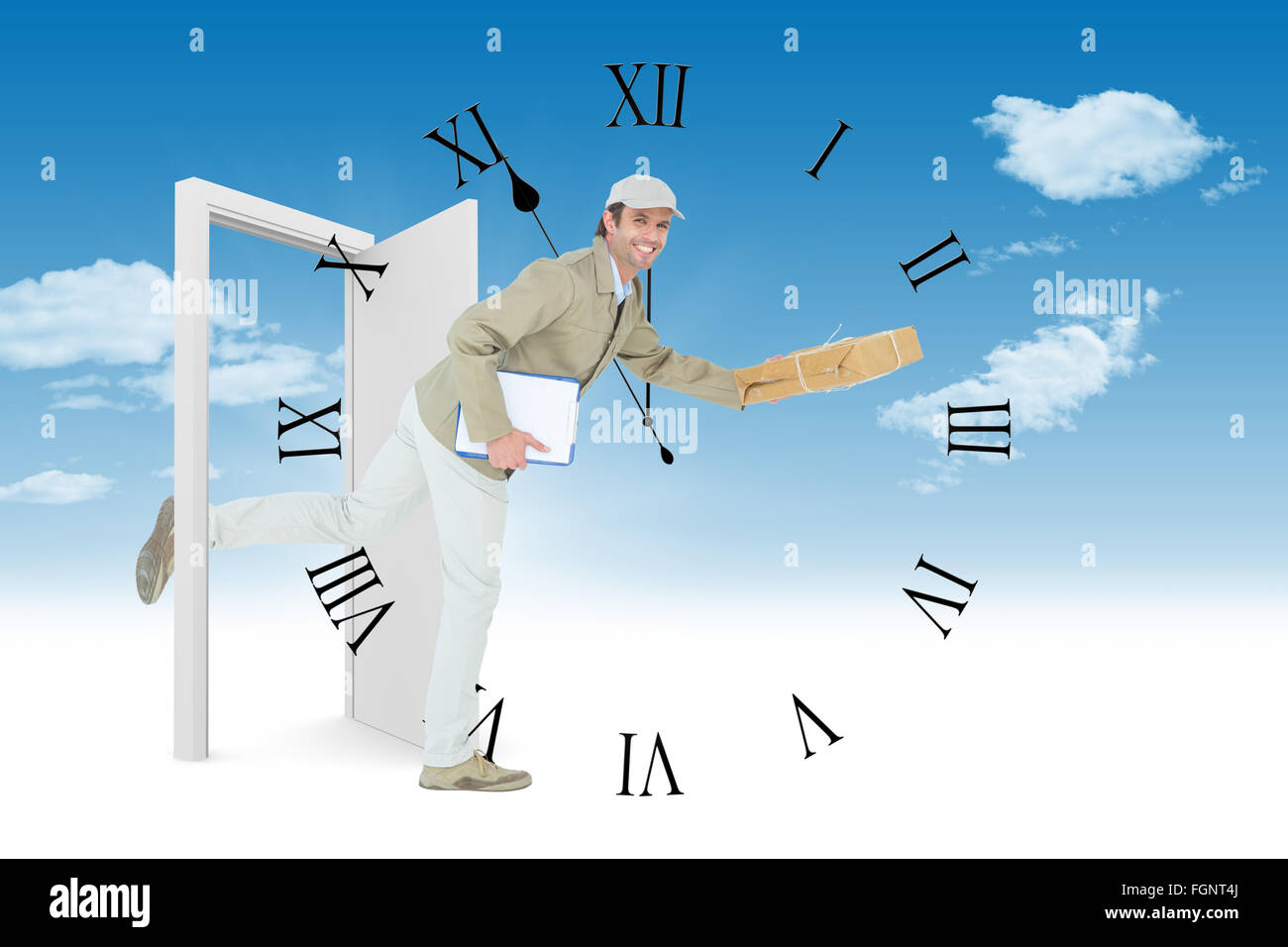 Composite image of happy delivery man running while holding parcel ...